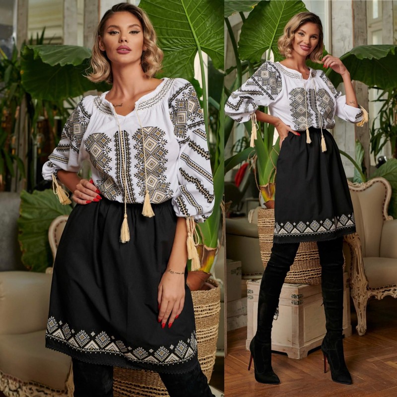 Set traditional compus din ie si fusta - Romb